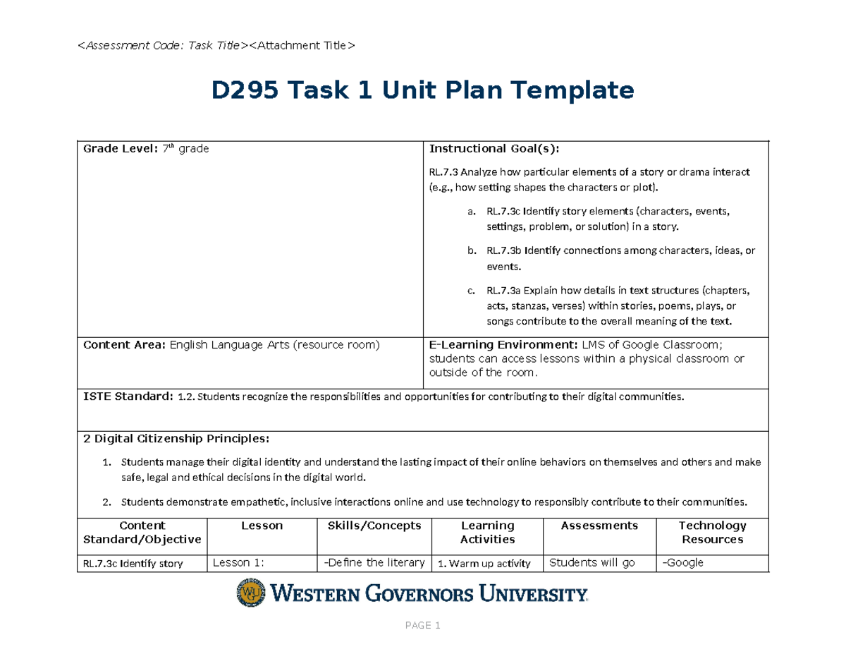 D295 Task 1 Unit Plan: 7th Grade ELA Literary Elements & Digital ...