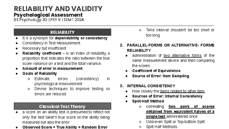 PSY 9 Midterm Study Notes: Reliability and Validity in Psychological ...
