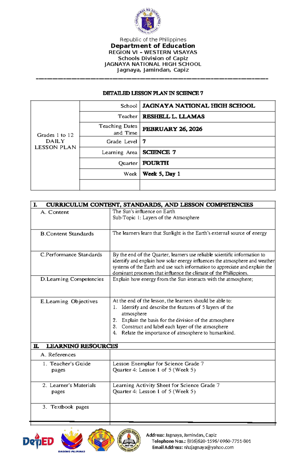 COT Lesson Plan in Science 7: Understanding Earth's Atmosphere Layers ...