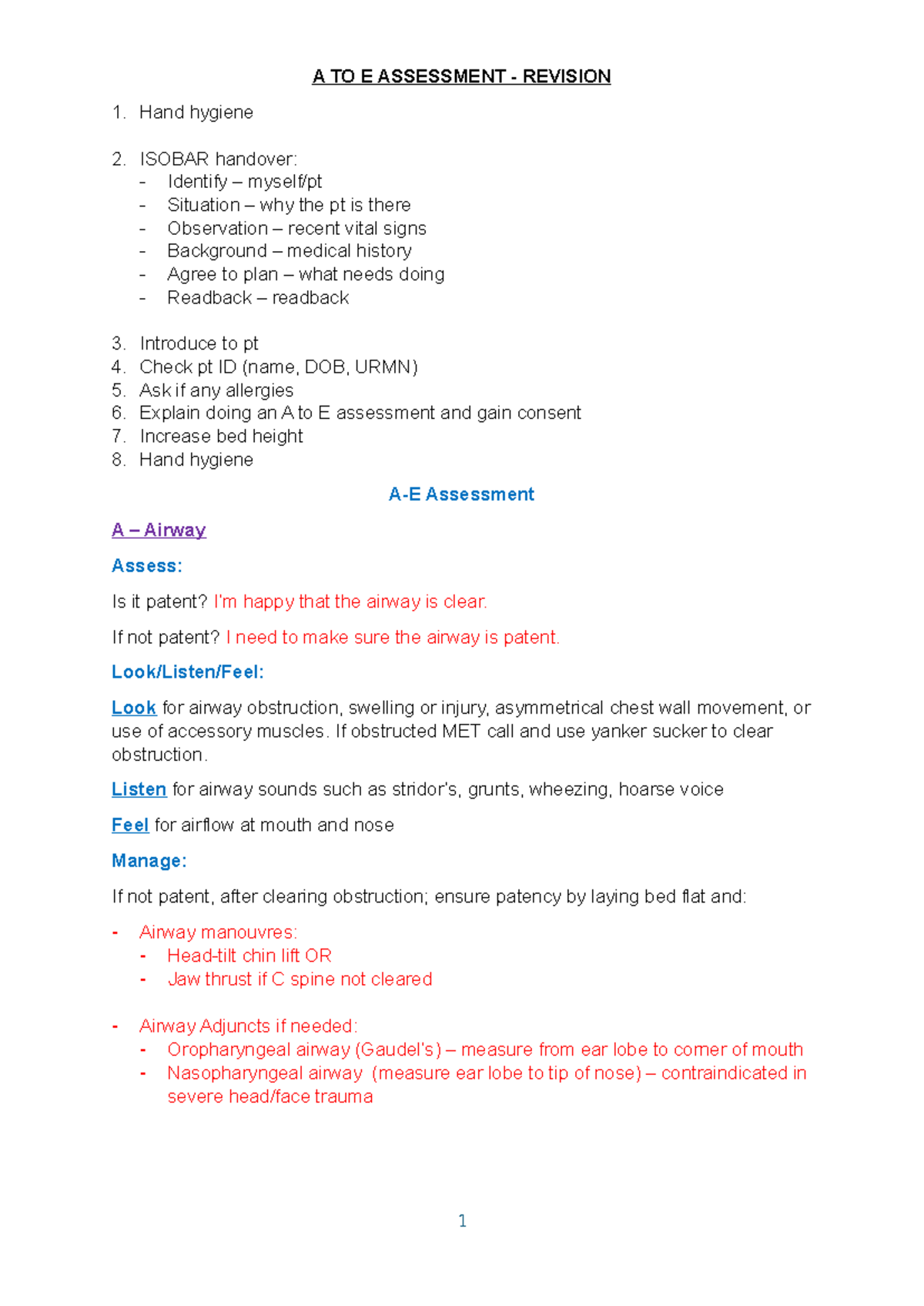 A to E Assessment Revision Guide for Clinical Practice - Studocu