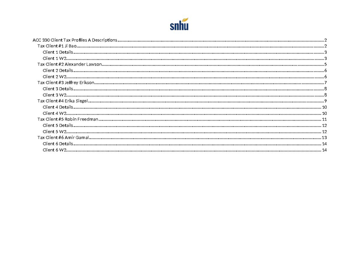ACC 330 Client Tax Profiles: Detailed Descriptions for Tax Preparation ...