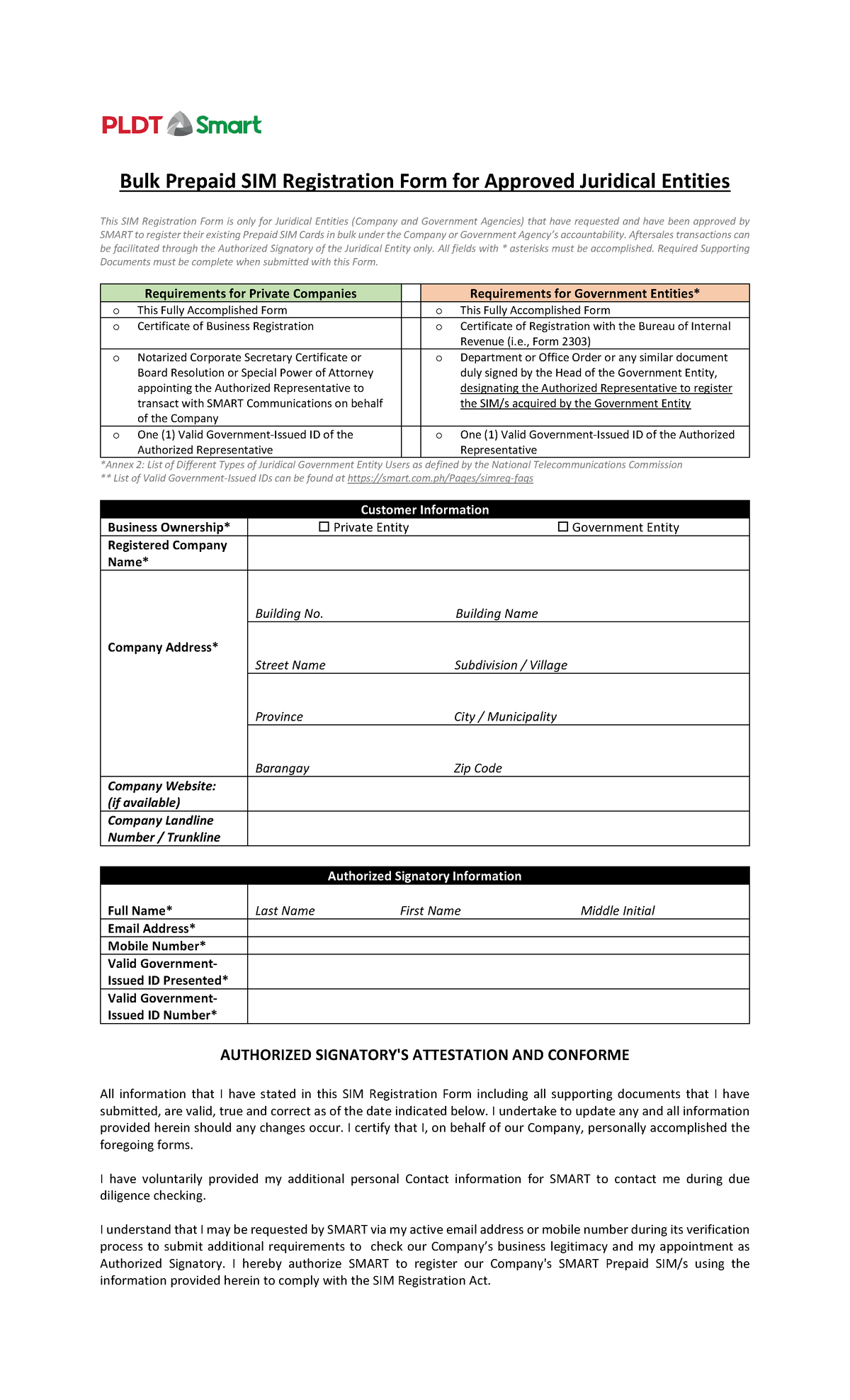 Corporate SIM Card Registration Form for Juridical Entities - Studocu