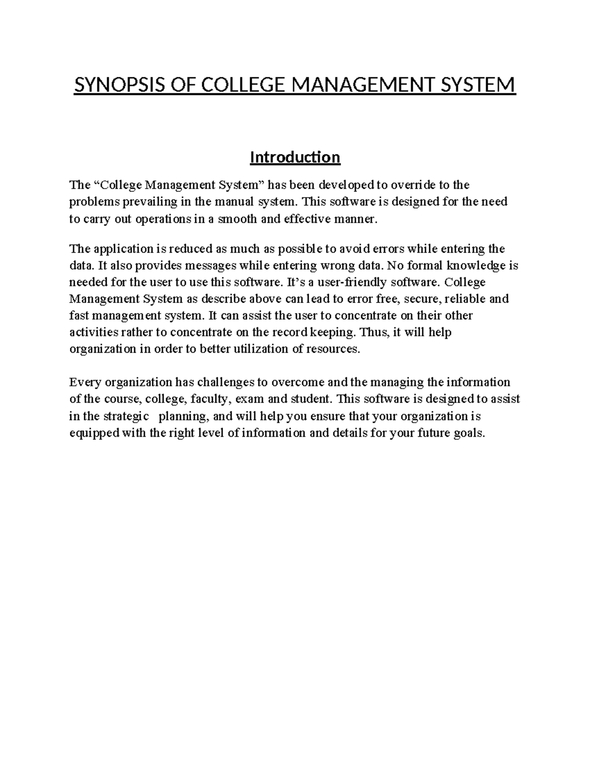 Synopsis of College Management System - Overview and Key Features - Studocu
