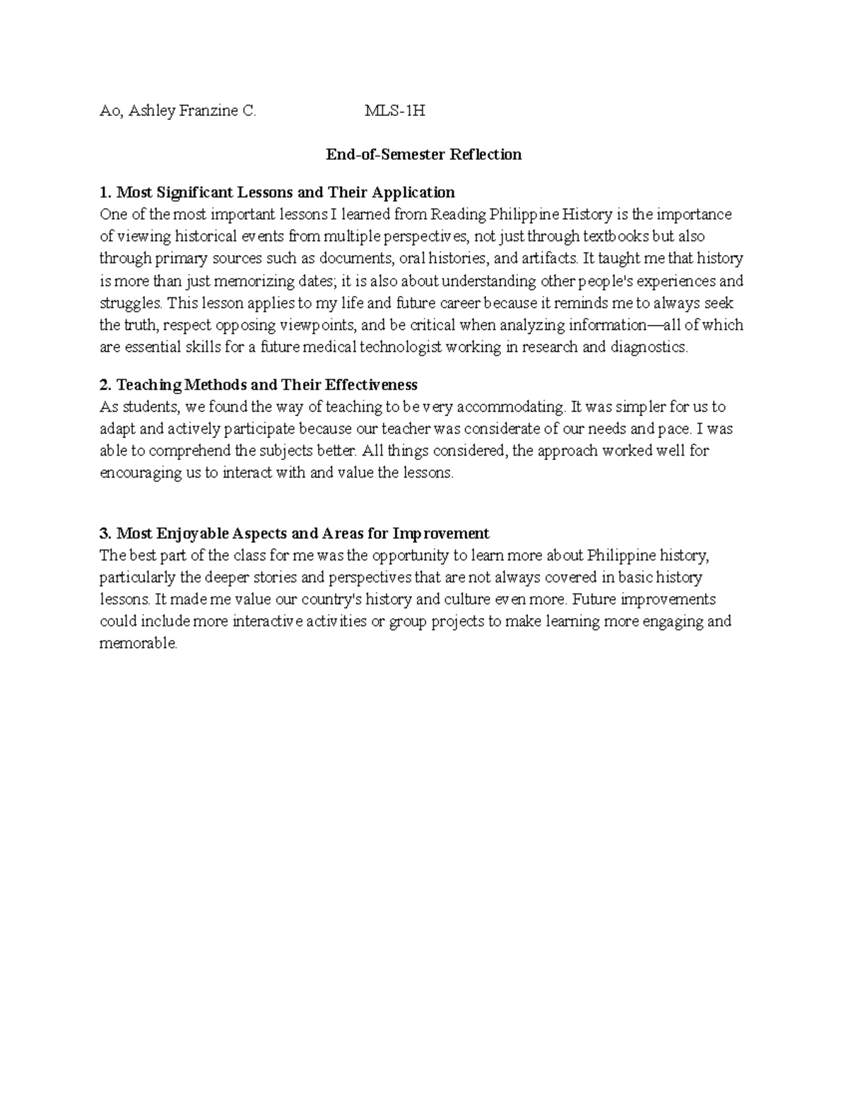 Ashley Franzine Ao - End-of-Semester Reflection - Ao, Ashley Franzine C ...