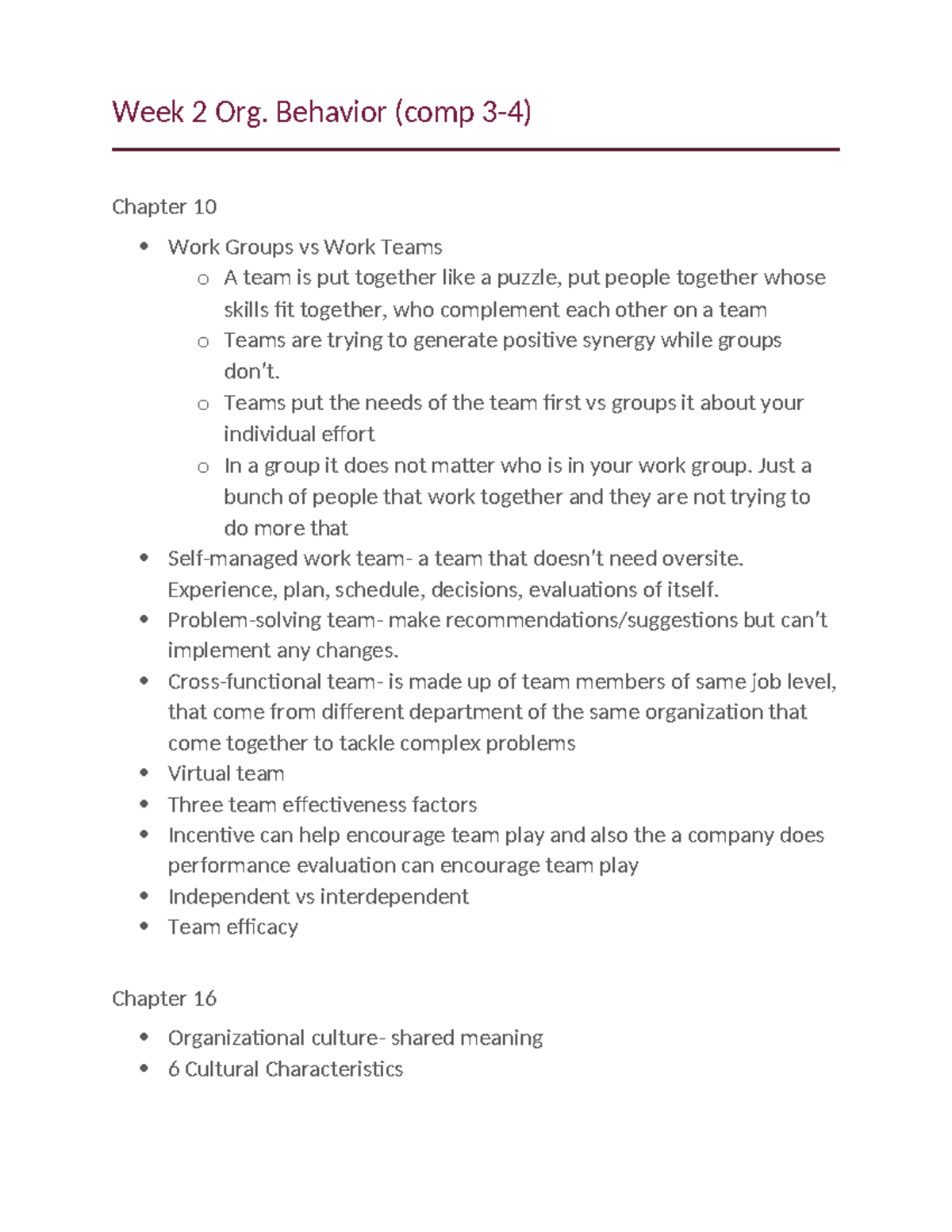 Week 2 Org. Behavior - Notes on Work Groups vs Work Teams - Studocu