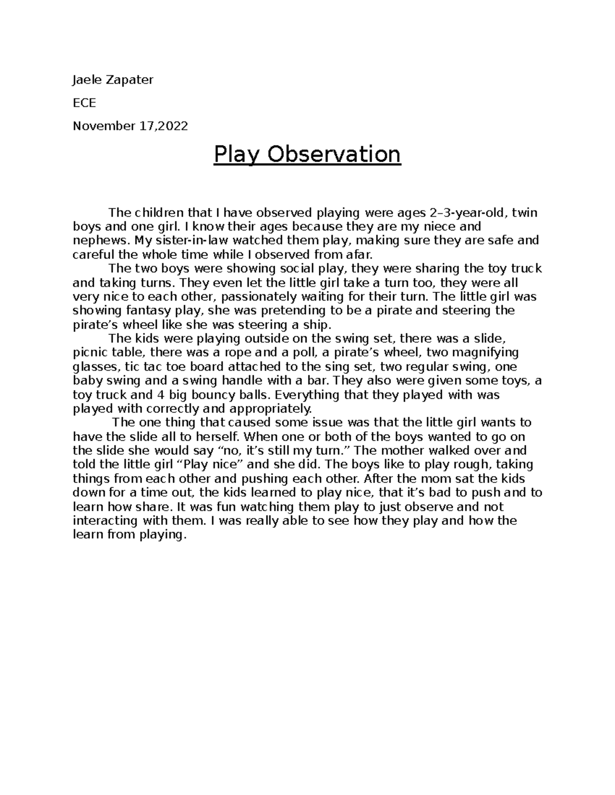 ECE Play Observation: Analyzing Social and Fantasy Play in Toddlers ...
