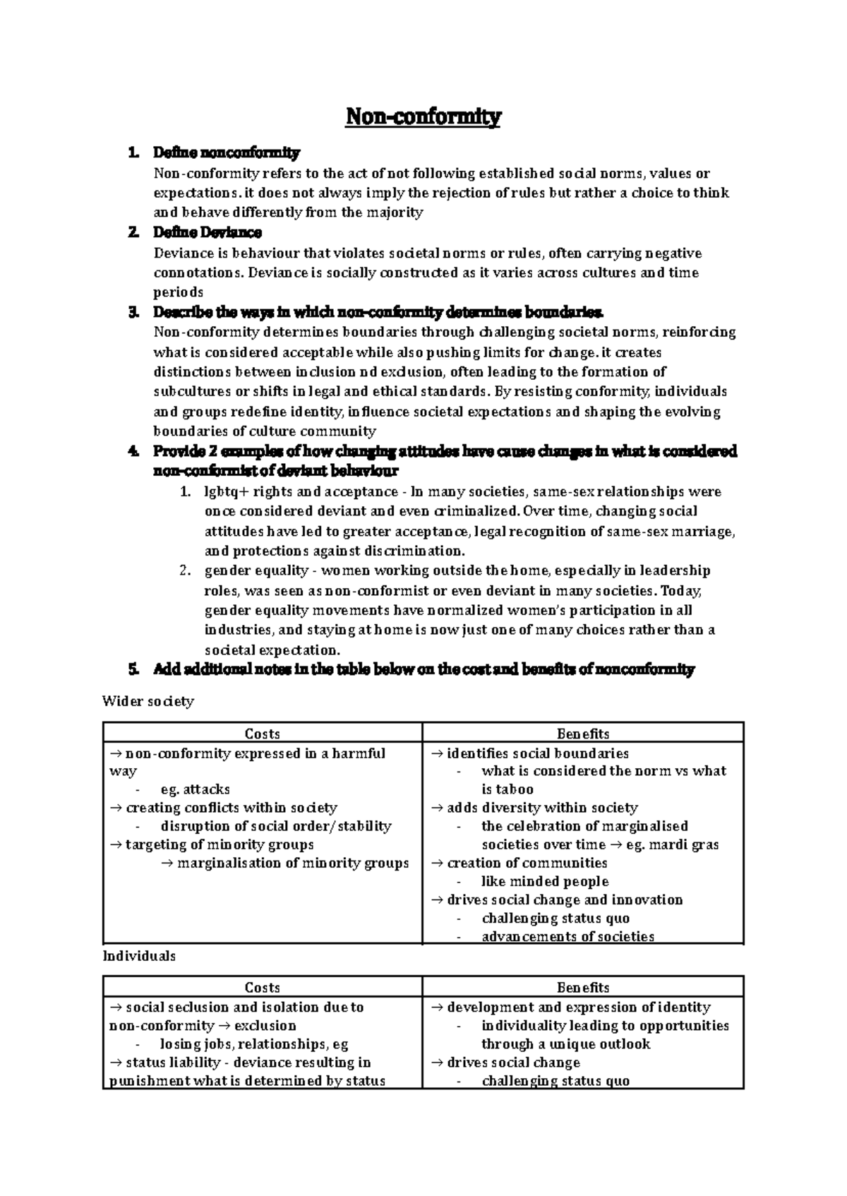 Non-Conformity Worksheet: Exploring Deviance and Social Boundaries ...