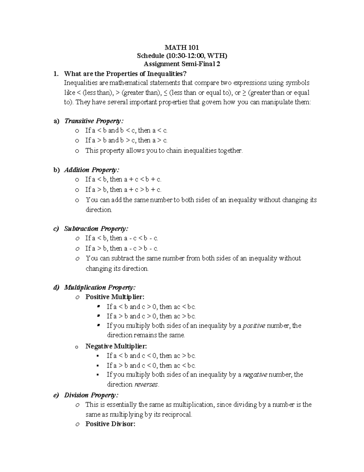 MATH 101 Assignment 2: Properties and Types of Inequalities - Studocu