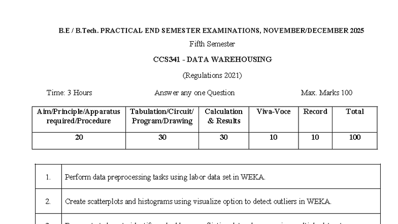 B.E B.Tech. CCS341 Data Warehousing Lab Questions - End Sem Exam 2025 ...