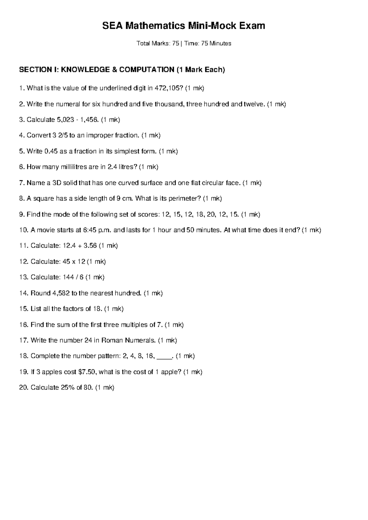 SEA Mathematics Mock Exam: Total Marks 75, Time 75 Minutes - Studocu