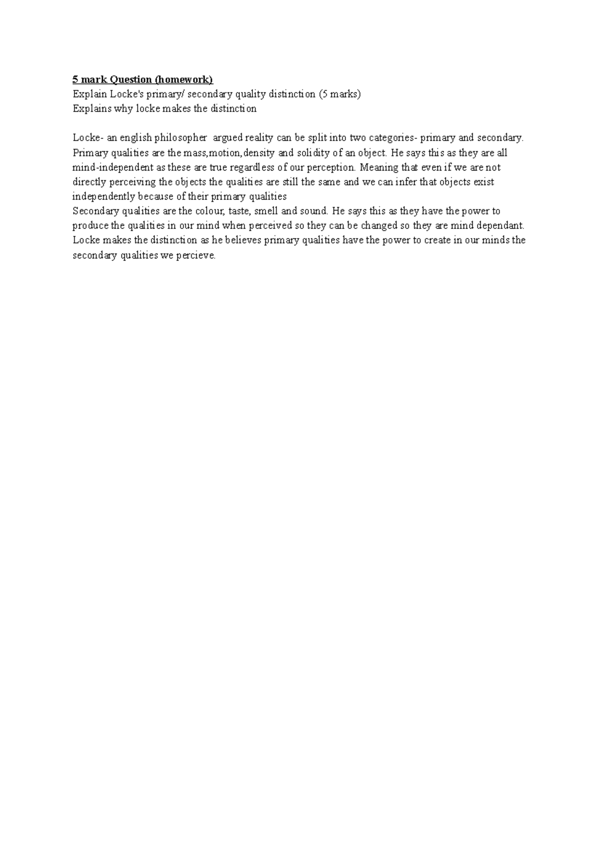 Locke's Distinction of Primary & Secondary Qualities (Homework) - Studocu