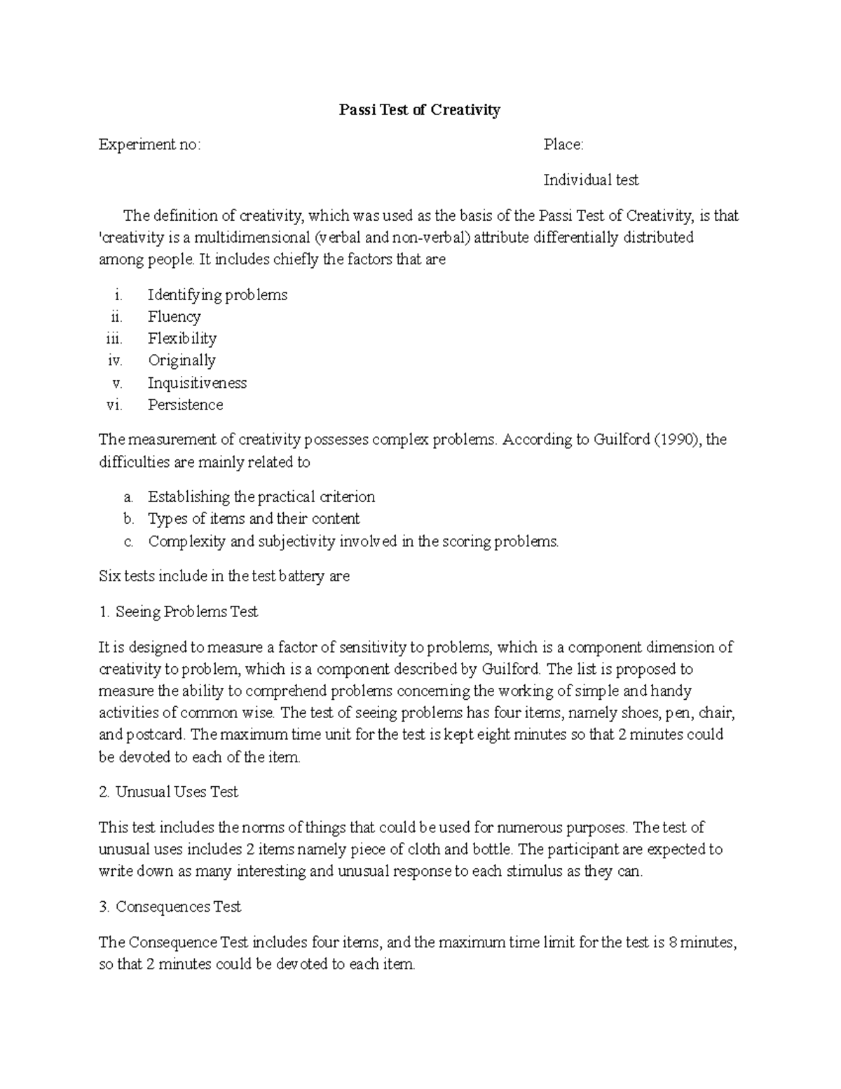 Passi Test of Creativity Analysis: Methodology & Reliability Results ...