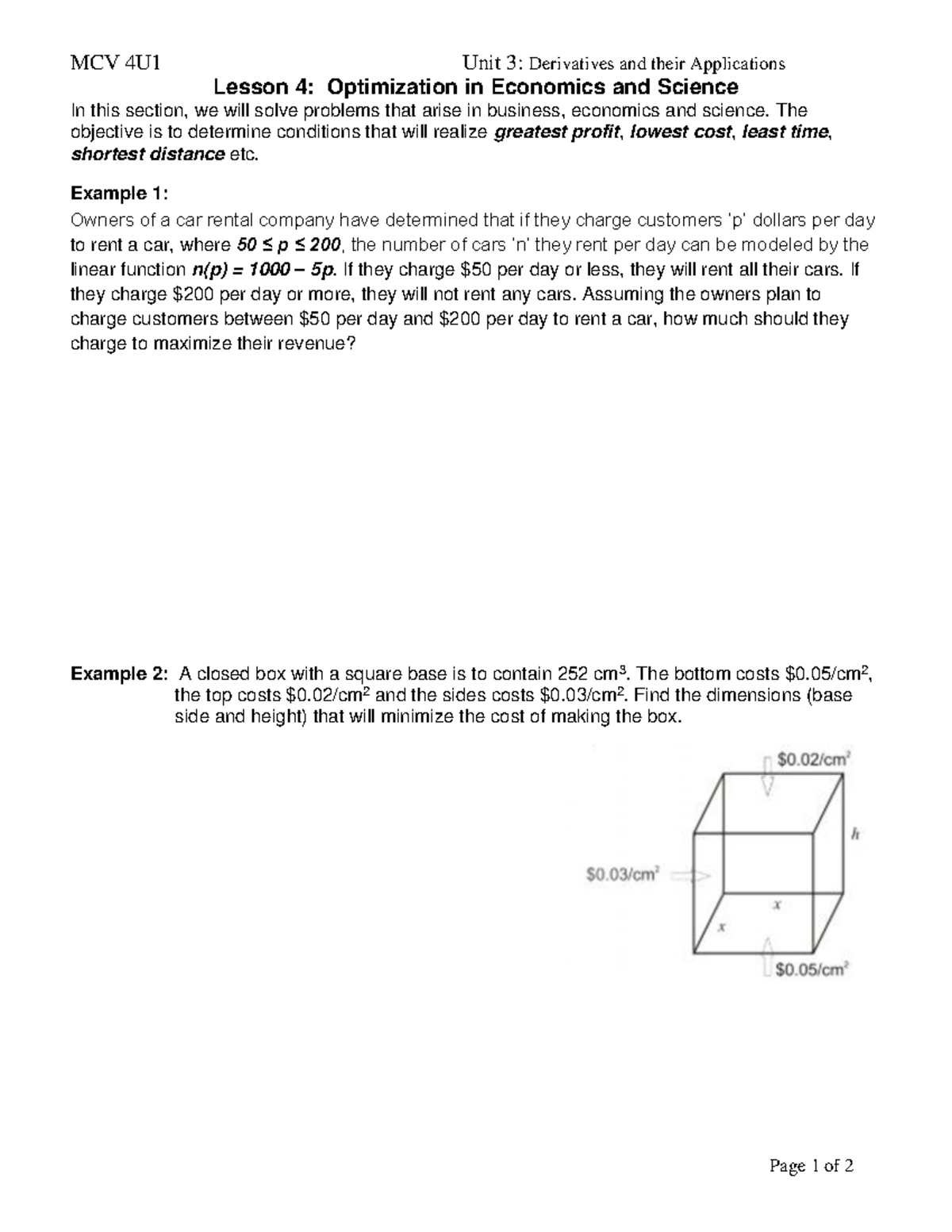 MCV 4U1 Unit 3: Lesson 4 - Optimization Problems in Economics - Studocu