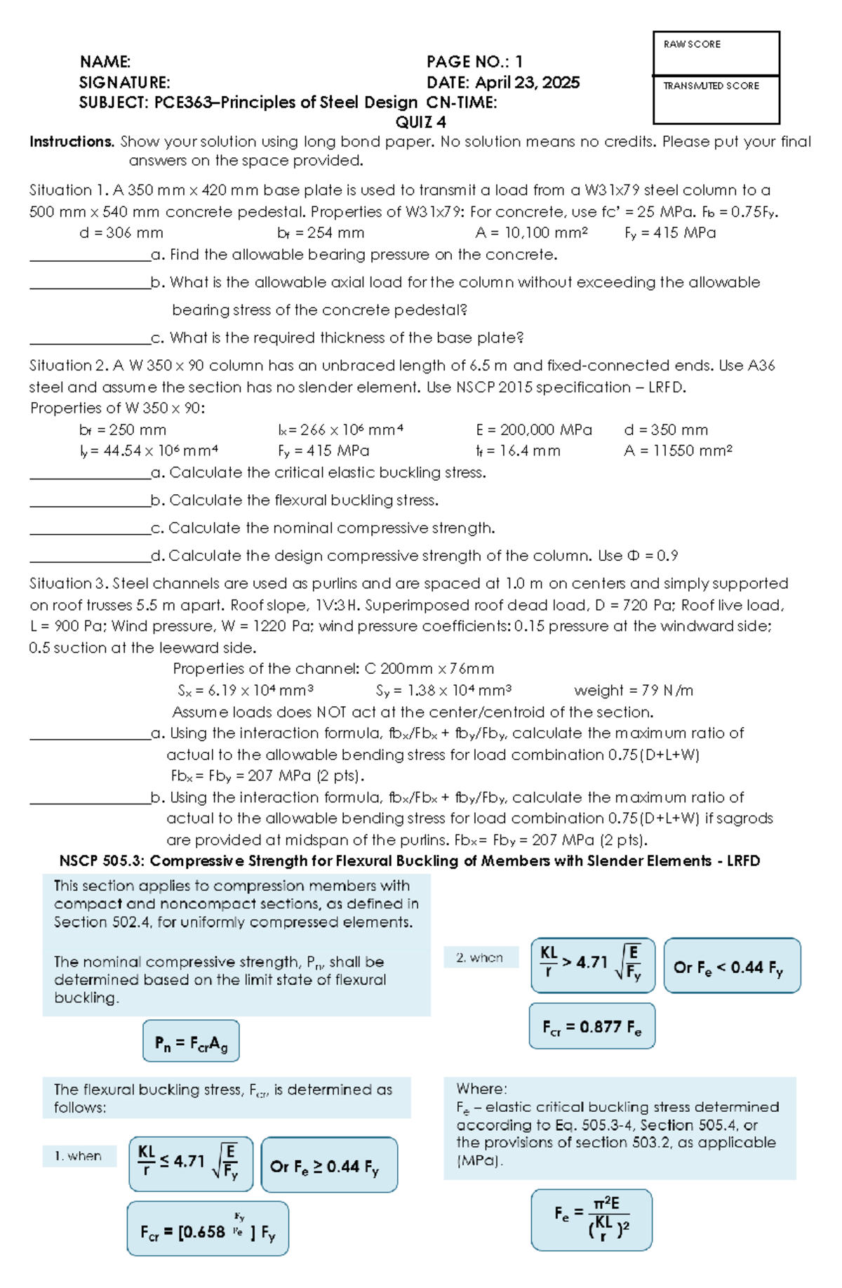 PCE363 Principles of Steel Design 2024 2025 - NAME: PAGE NO.: 1 ...