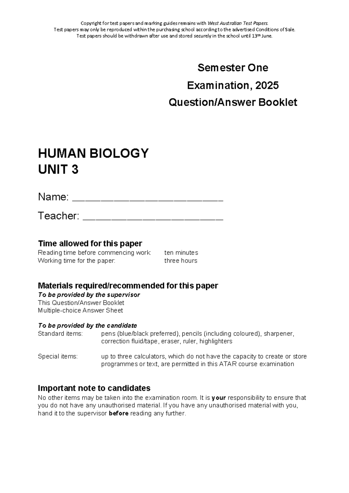 2025 HUMAN BIOLOGY UNIT 3 Semester One Exam Paper - Studocu