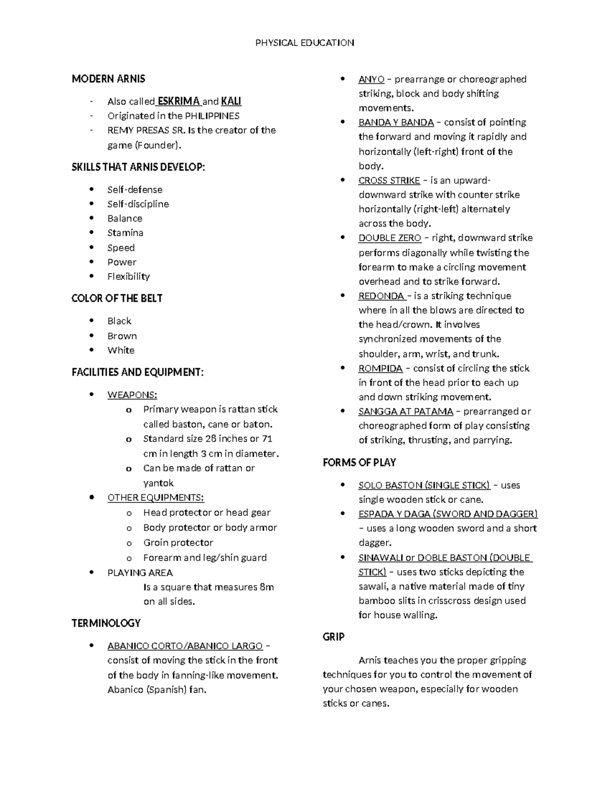 Modern Arnis: Skills, Techniques, and Equipment Overview - Studocu