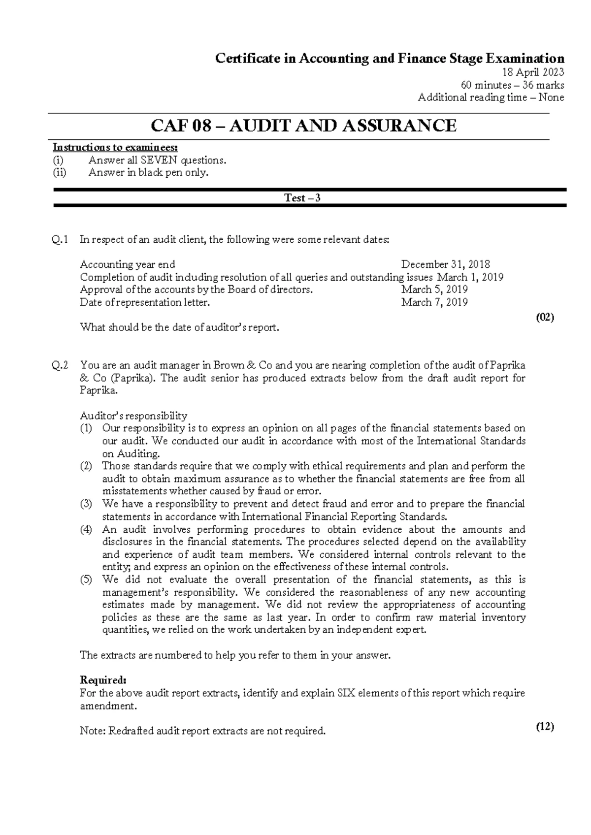 CAF 8 Audit and Assurance Test 2 - Stage Exam Questions April 2023 ...