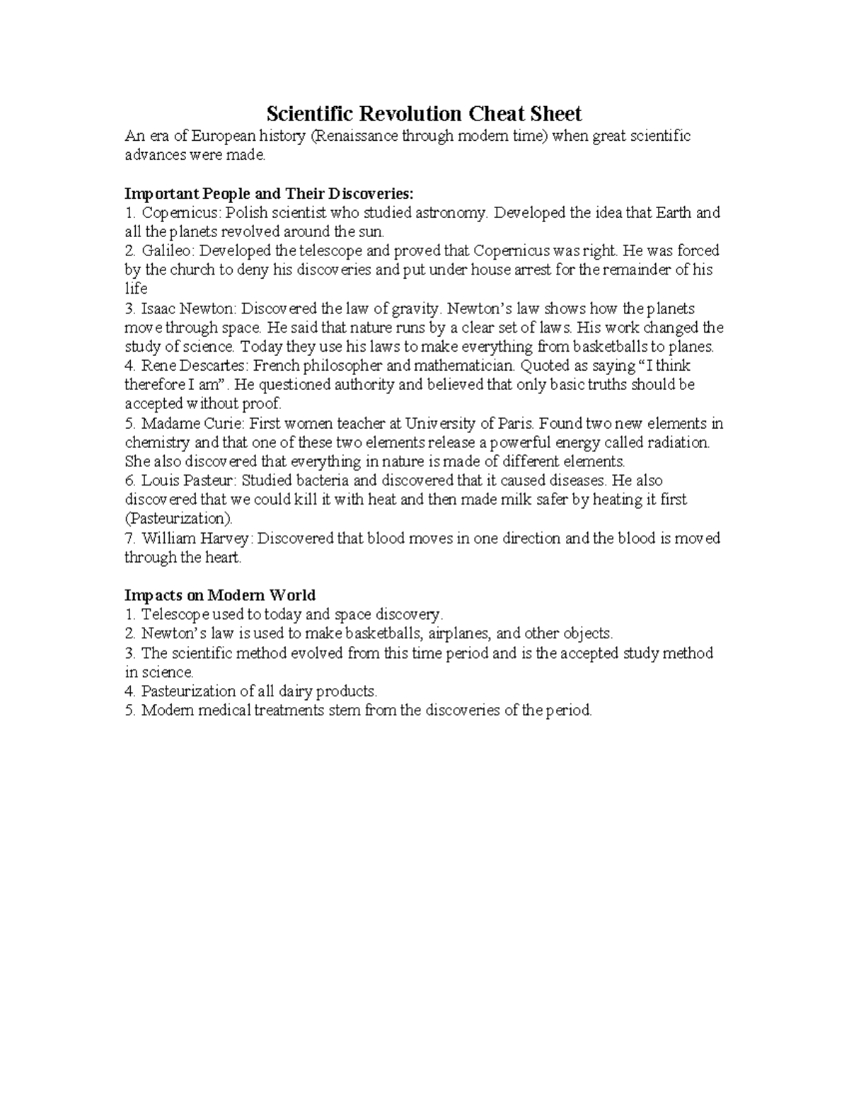 Scientific Revolution Cheat Sheet - Key Figures & Discoveries - Studocu
