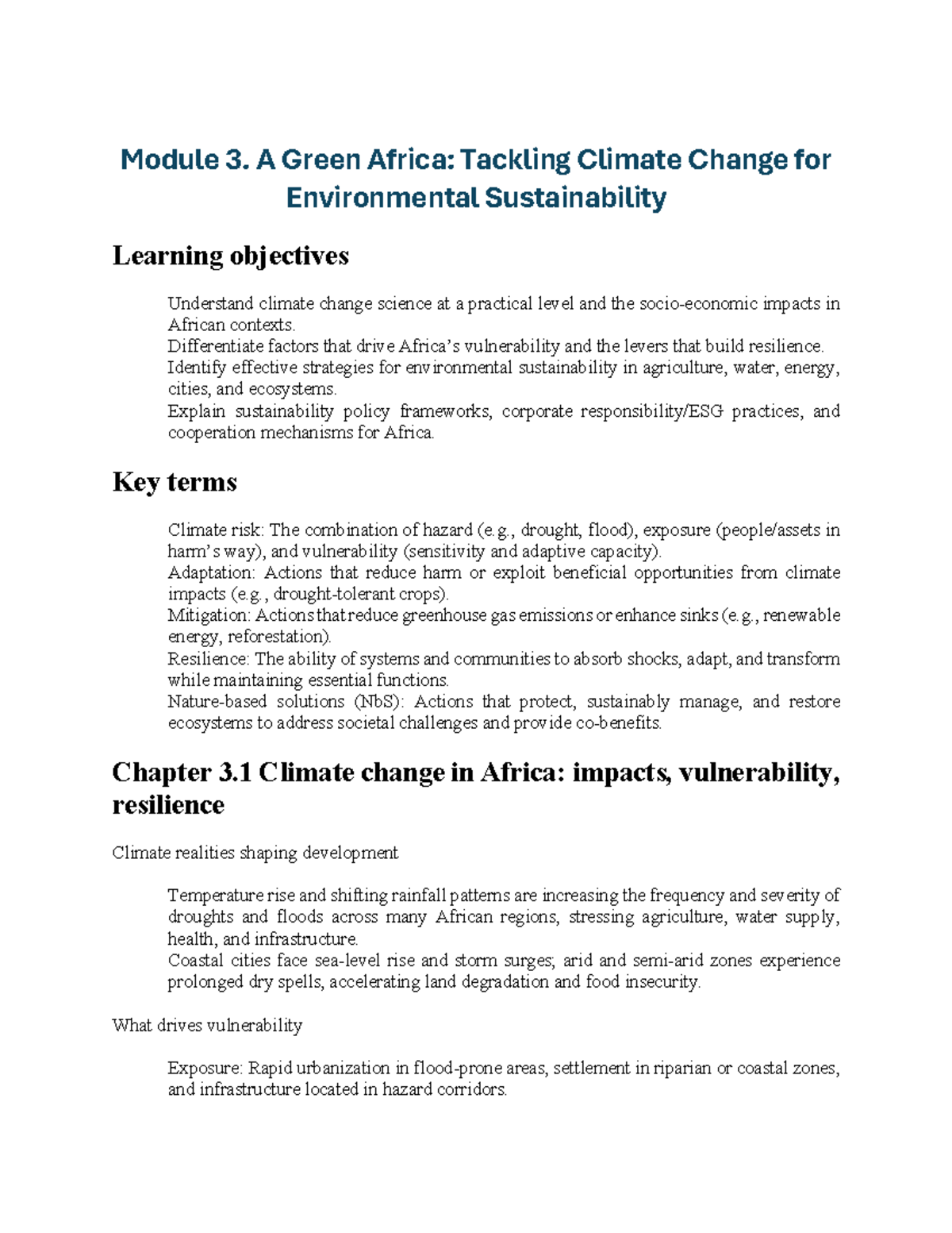 Module 3 C-SDGs: A Green Africa - Climate Change & Sustainability Strategies - Studocu