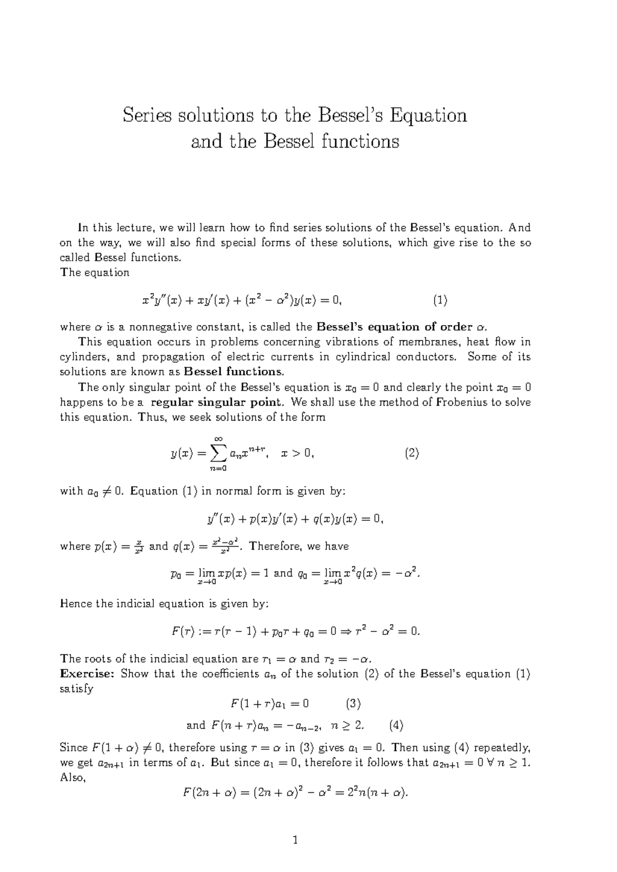 Lecture Notes: Bessel's Equation & Functions in Math 101 - Studocu