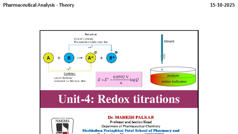 Unit 4: Redox Titrations in Pharmaceutical Analysis - Studocu