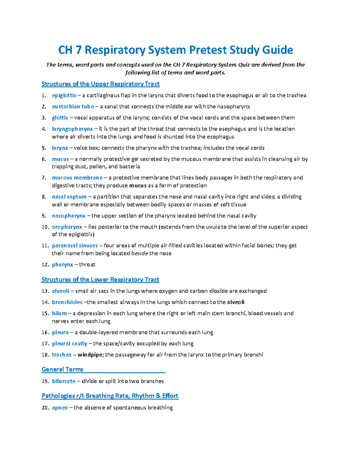 CH 7 Respiratory System Quiz Study Guide: Key Terms & Pathologies - Studocu