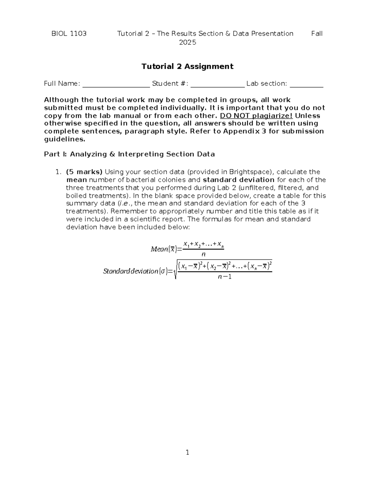 BIOL 1103 Tutorial 2: Results Section Data Presentation Guide 2025 ...