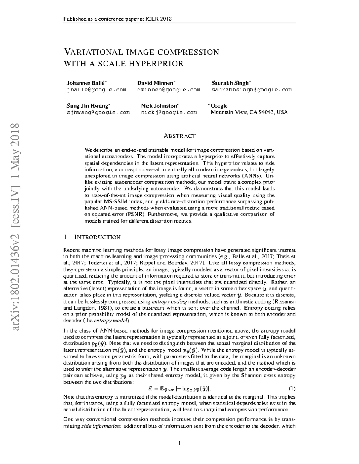 Variational Image Compression with a Scale Hyperprior (ICLR 2018) - VARIATIONAL IMAGE ...