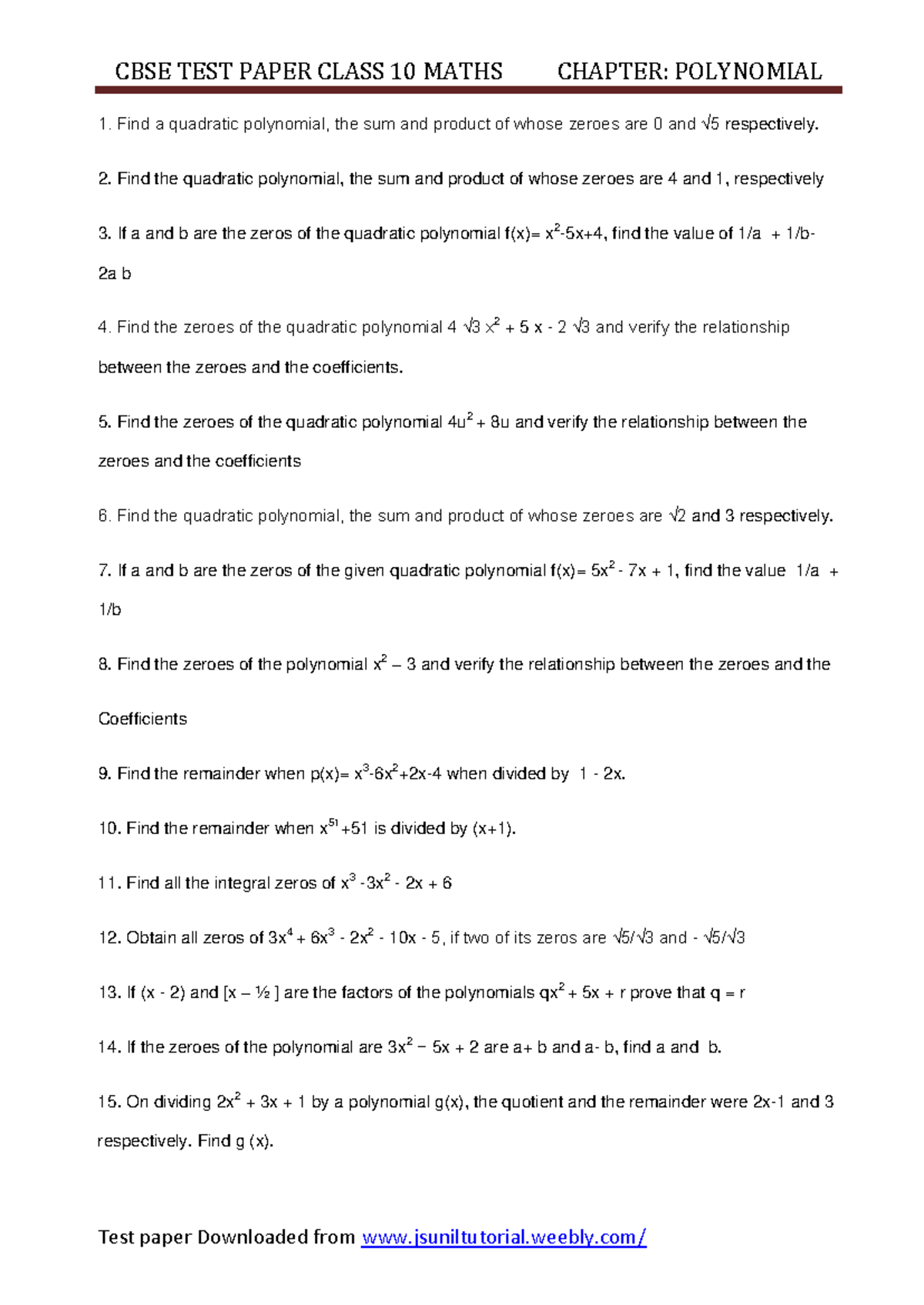 CBSE CLASS 10 MATHS TEST PAPER: POLYNOMIALS CHAPTER 2 - Studocu