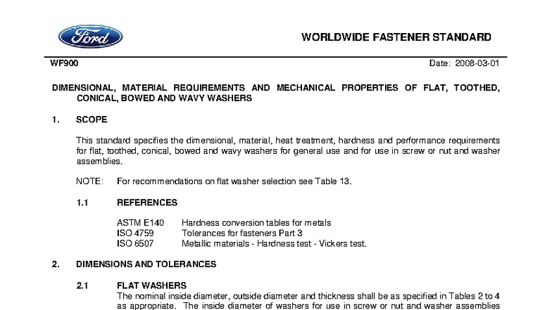 Ford WF900 - Dimensional & Material Standards for Washers - Studocu