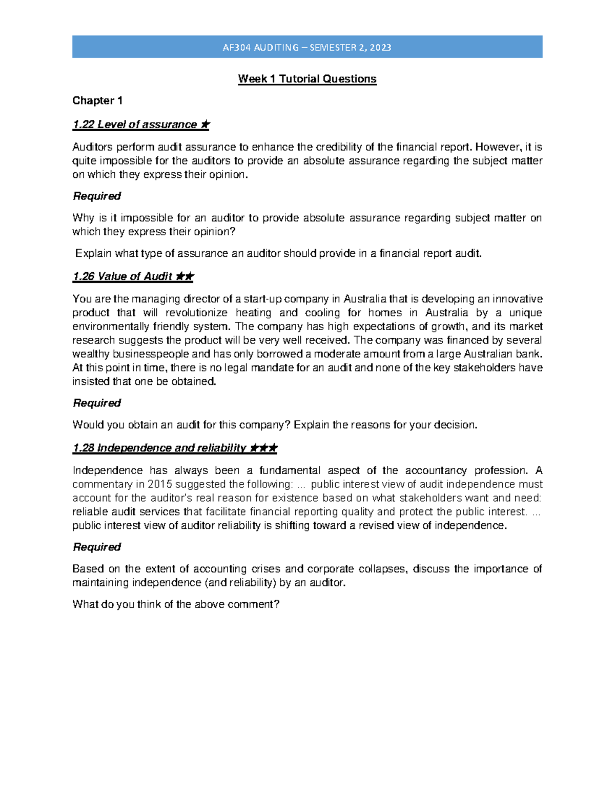 AF304 Week 1 Tutorial Questions - Auditing Concepts & Assurance - Studocu