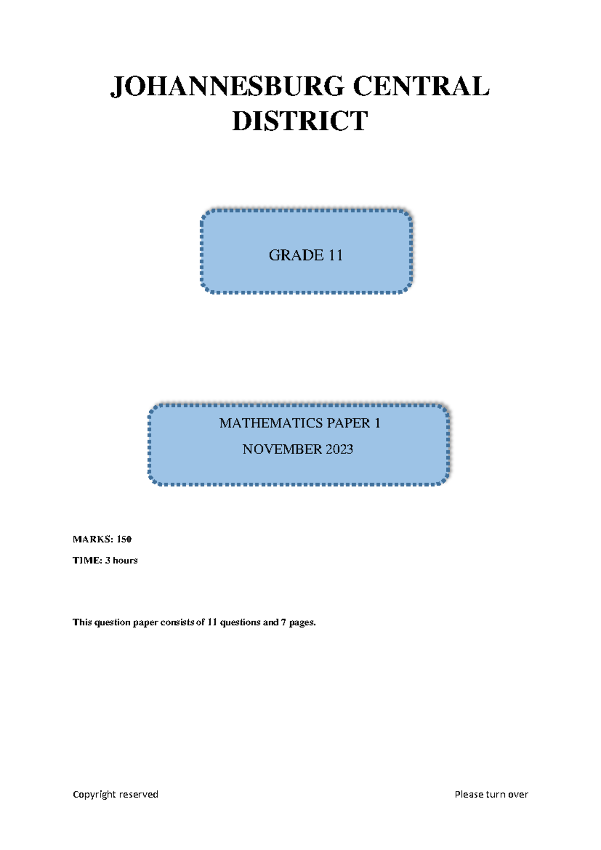 Grade 11 MATH P1 Nov 2023 Question Paper with Marks Breakdown - Studocu