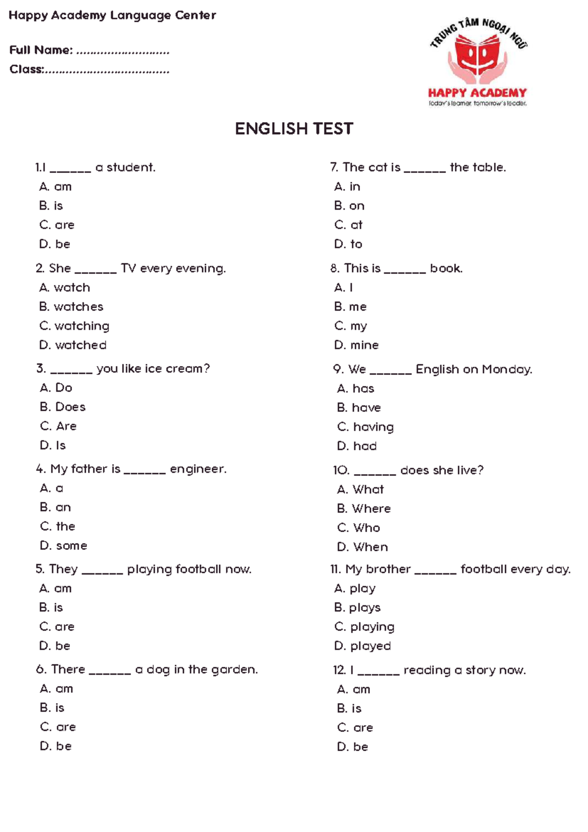 ENGLISH TEST 1 - Happy Academy Language Center - Studocu