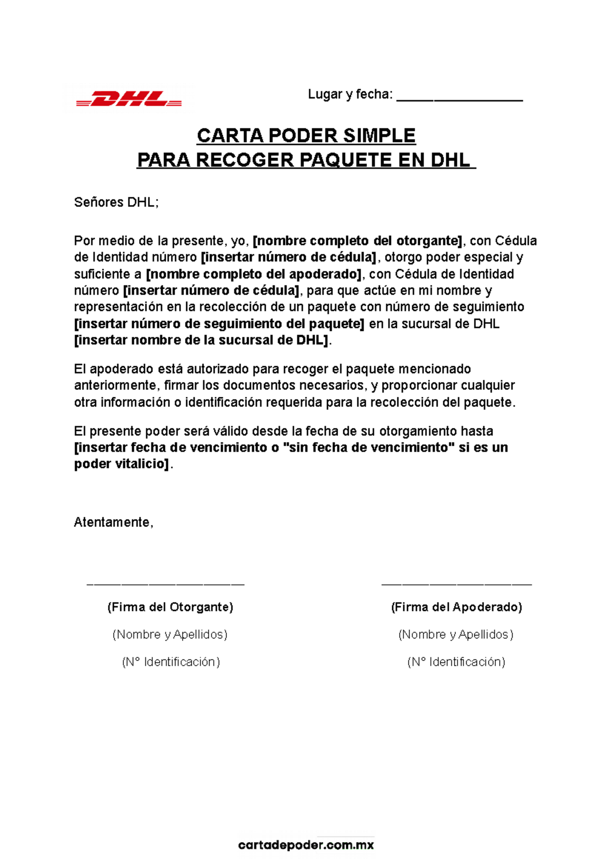 Carta Poder Simple para Recoger Paquete en DHL - Modelo Legal - Studocu