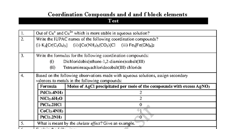 Coordination Compounds & d/f Block Elements Test 1 - Studocu