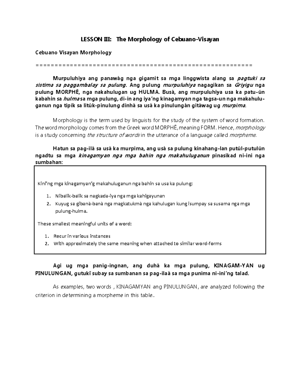 Lesson III: Morphology of Cebuano-Visayan Language Analysis - Studocu