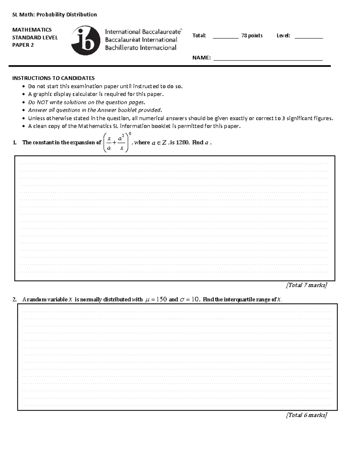 SL Math: Probability Distribution - Paper 2 Exam Guide - Studocu