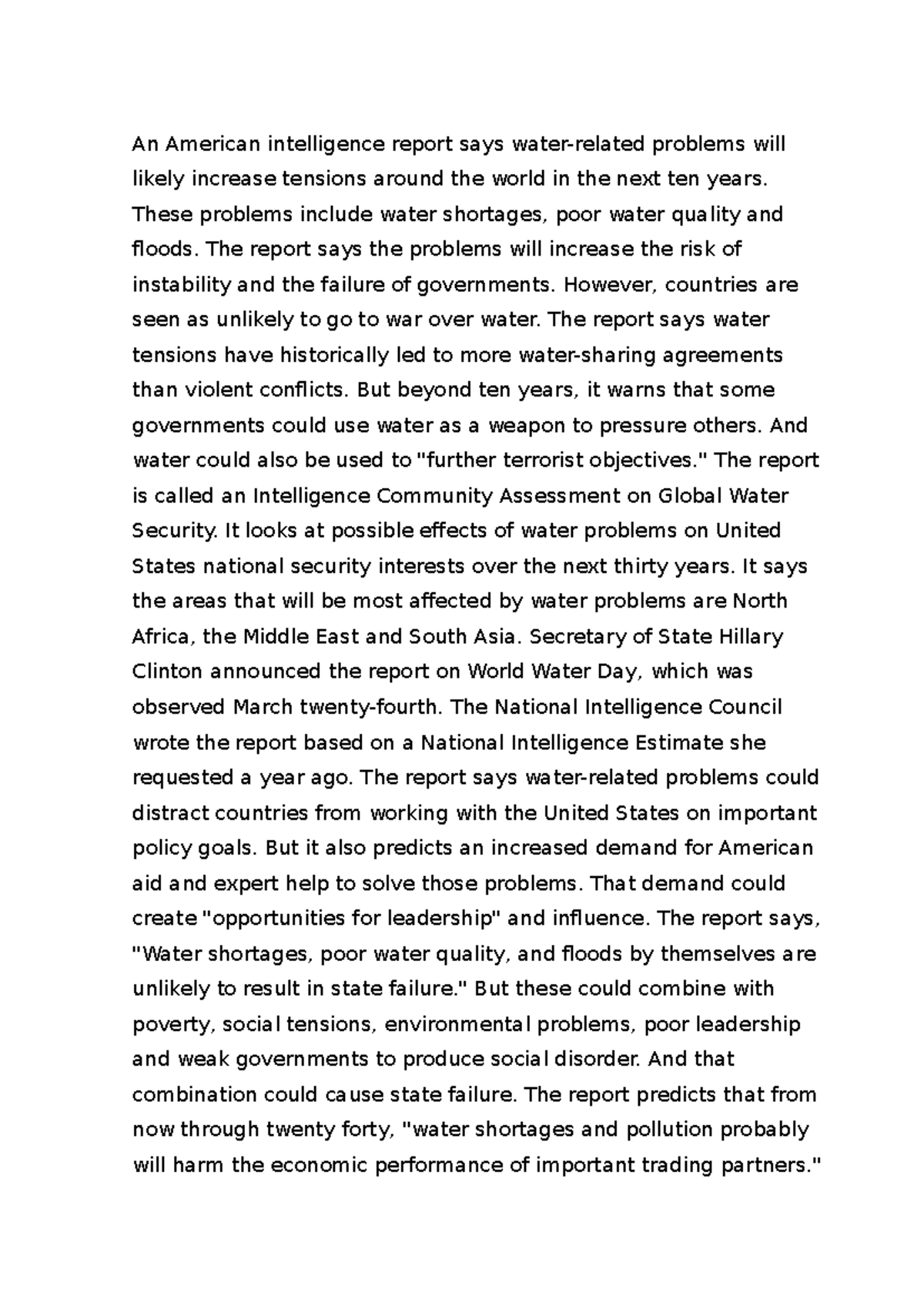 Intelligence Community Assessment on Global Water Security Issues - Studocu