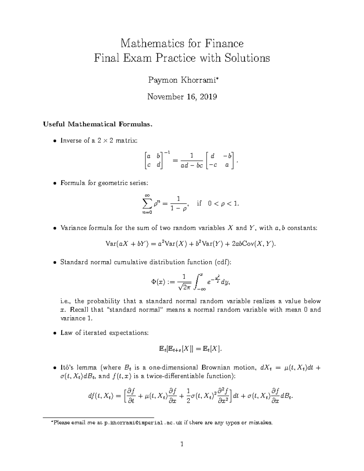 Final Exam Practice - MATH101: Mathematics for Finance - Studocu