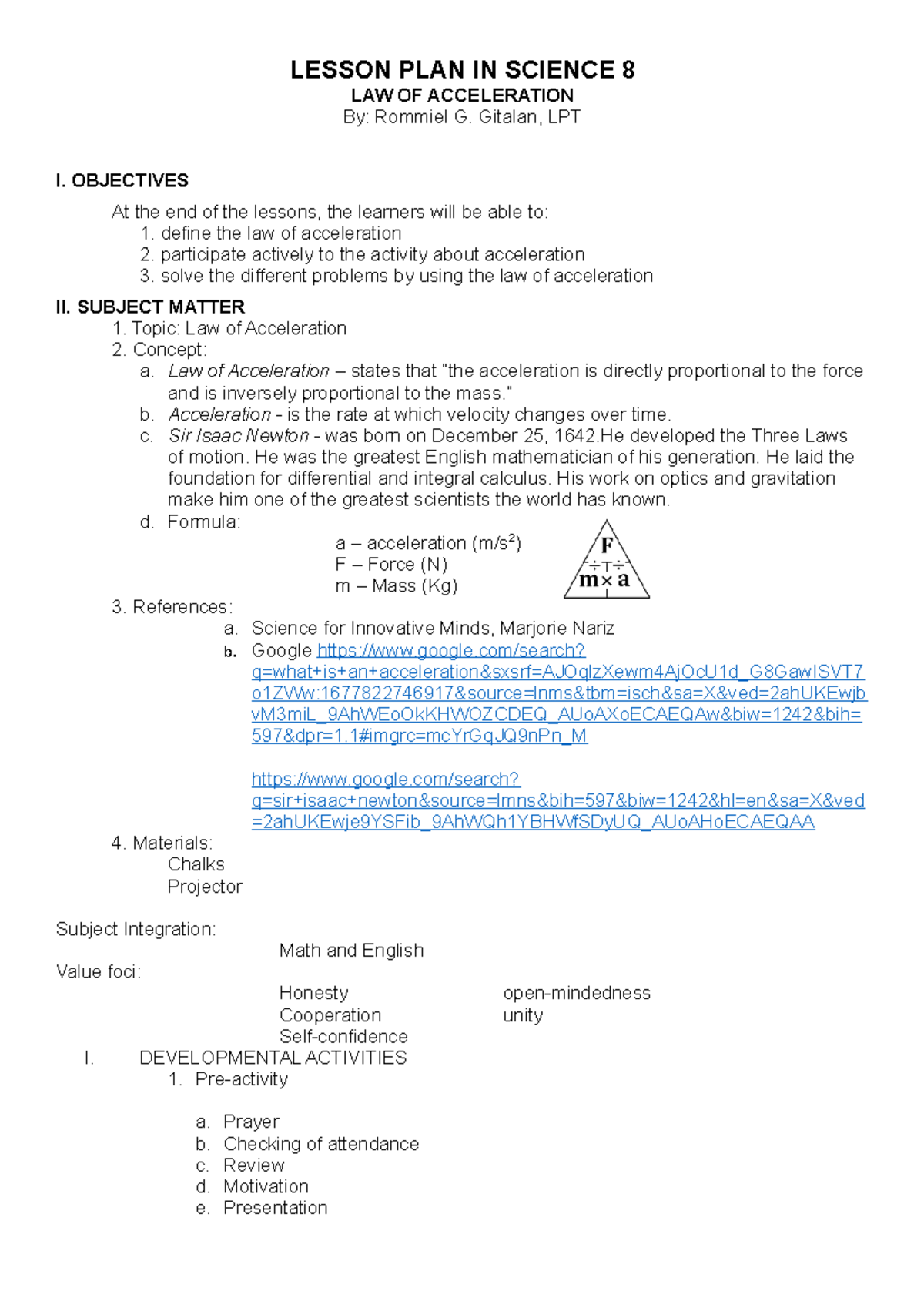 Lesson PLAN IN Science 8 - LESSON PLAN IN SCIENCE 8 LAW OF ACCELERATION ...