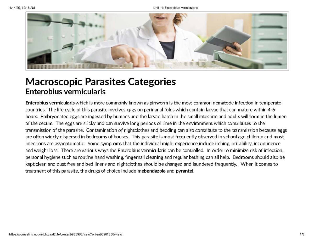 Unit 11: Enterobius vermicularis - Macroscopic Parasite Overview - Studocu