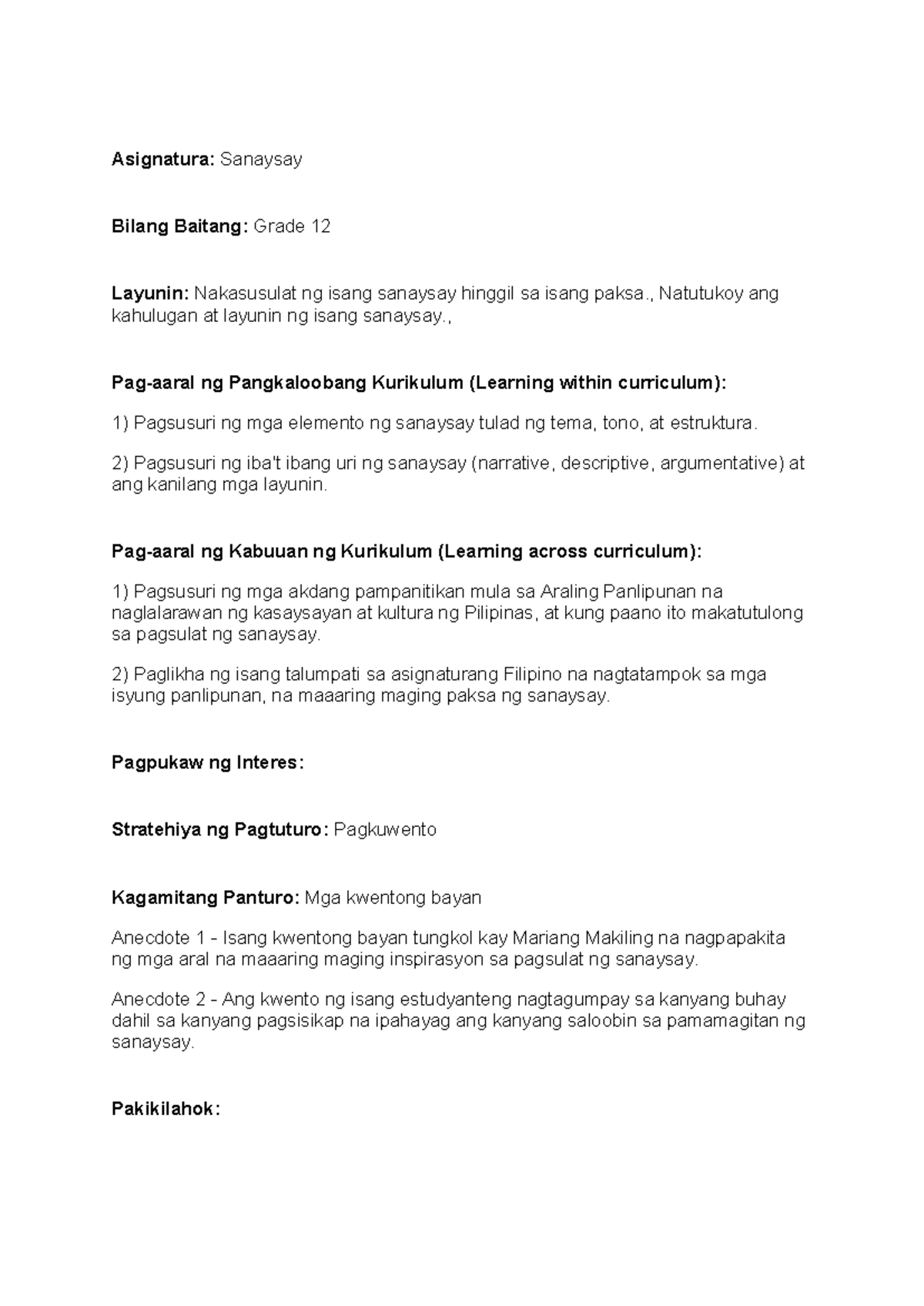 Lesson Plan - Pagsusuri ng Sanaysay para sa Baitang 12 - Studocu