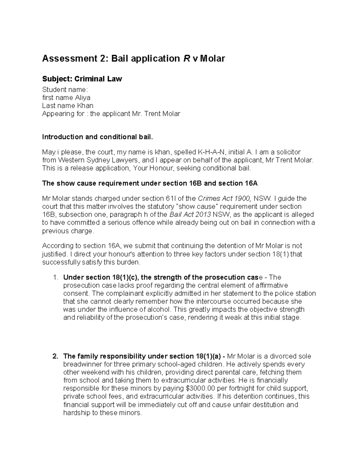 Assessment 3: Bail Application R v Molar - Criminal Law Analysis - Studocu