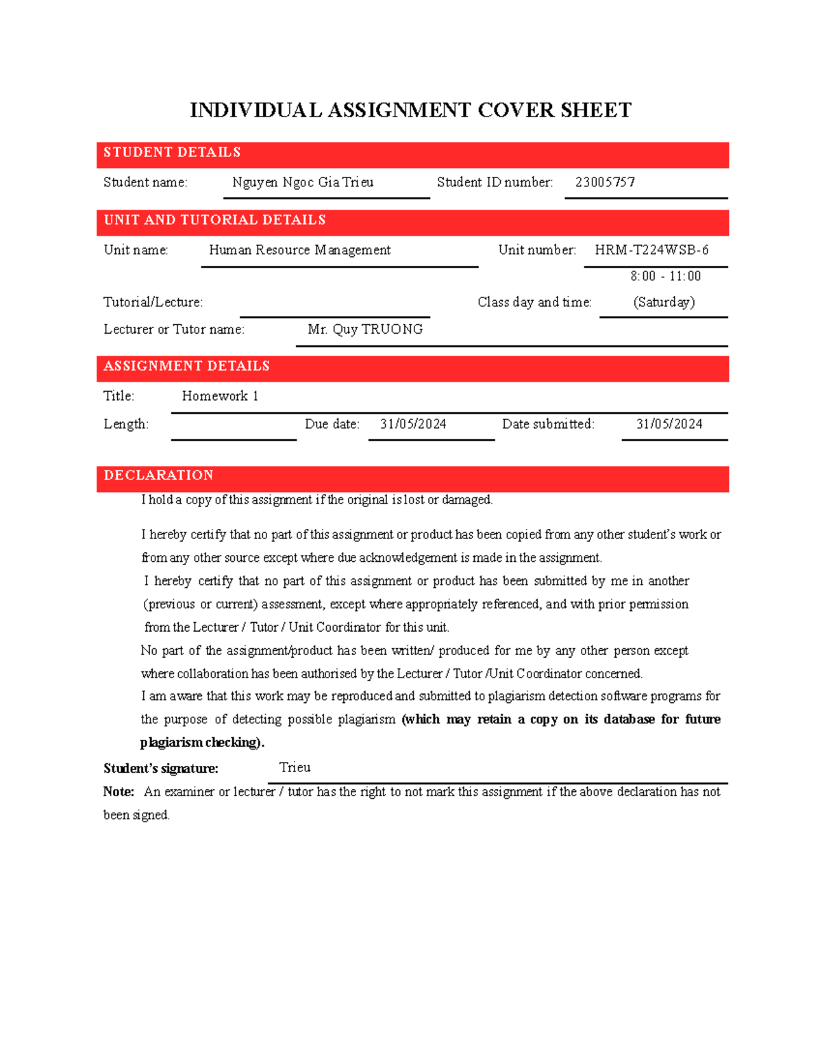 HRM T24WSB Homework 1 - INDIVIDUAL ASSIGNMENT COVER SHEET STUDENT ...