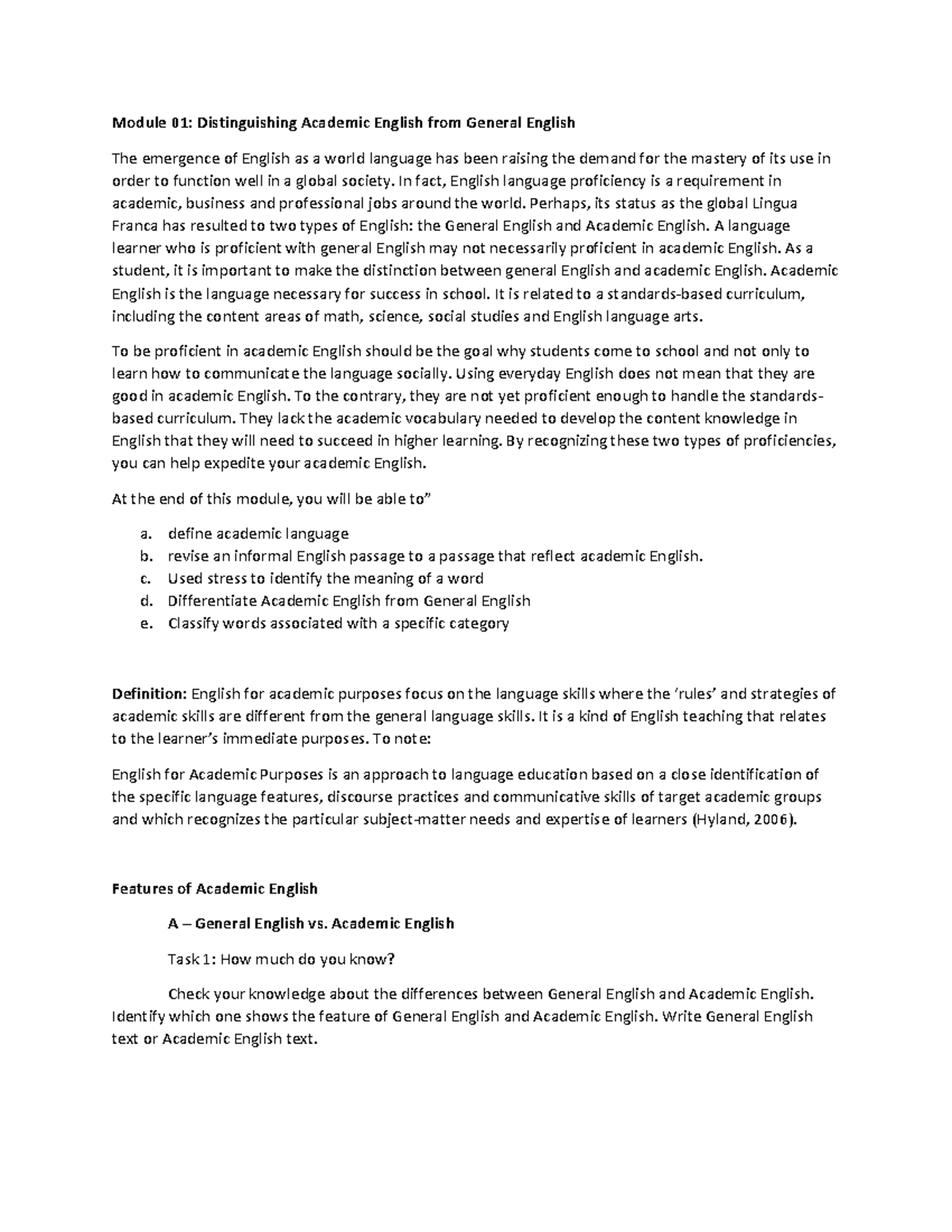 Module 01 & 02: Distinguishing & Developing Academic English Skills - Studocu