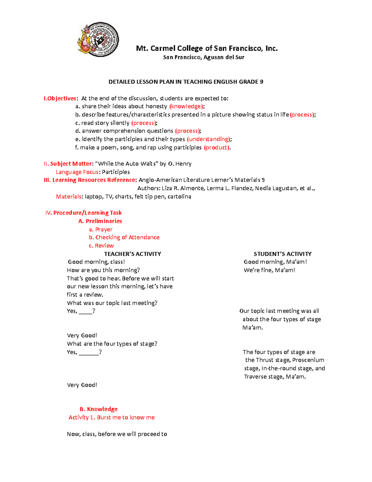 Detailed Lesson Plan for Teaching English - FTC 4 - Studocu