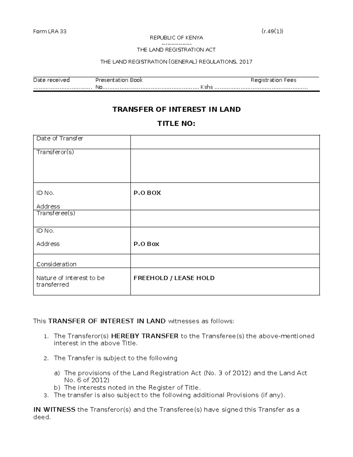LRA 33 Transfer of Interest in Land Template - Kenya - Studocu