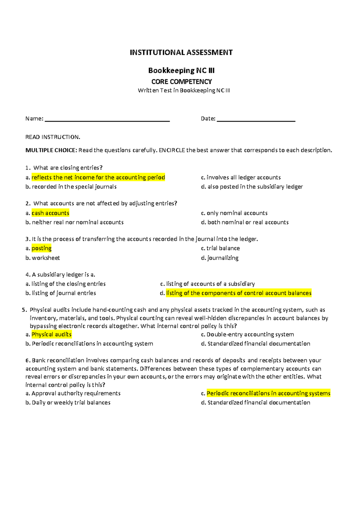 Bookkeeping NC Core Competency Written Test Review - Studocu