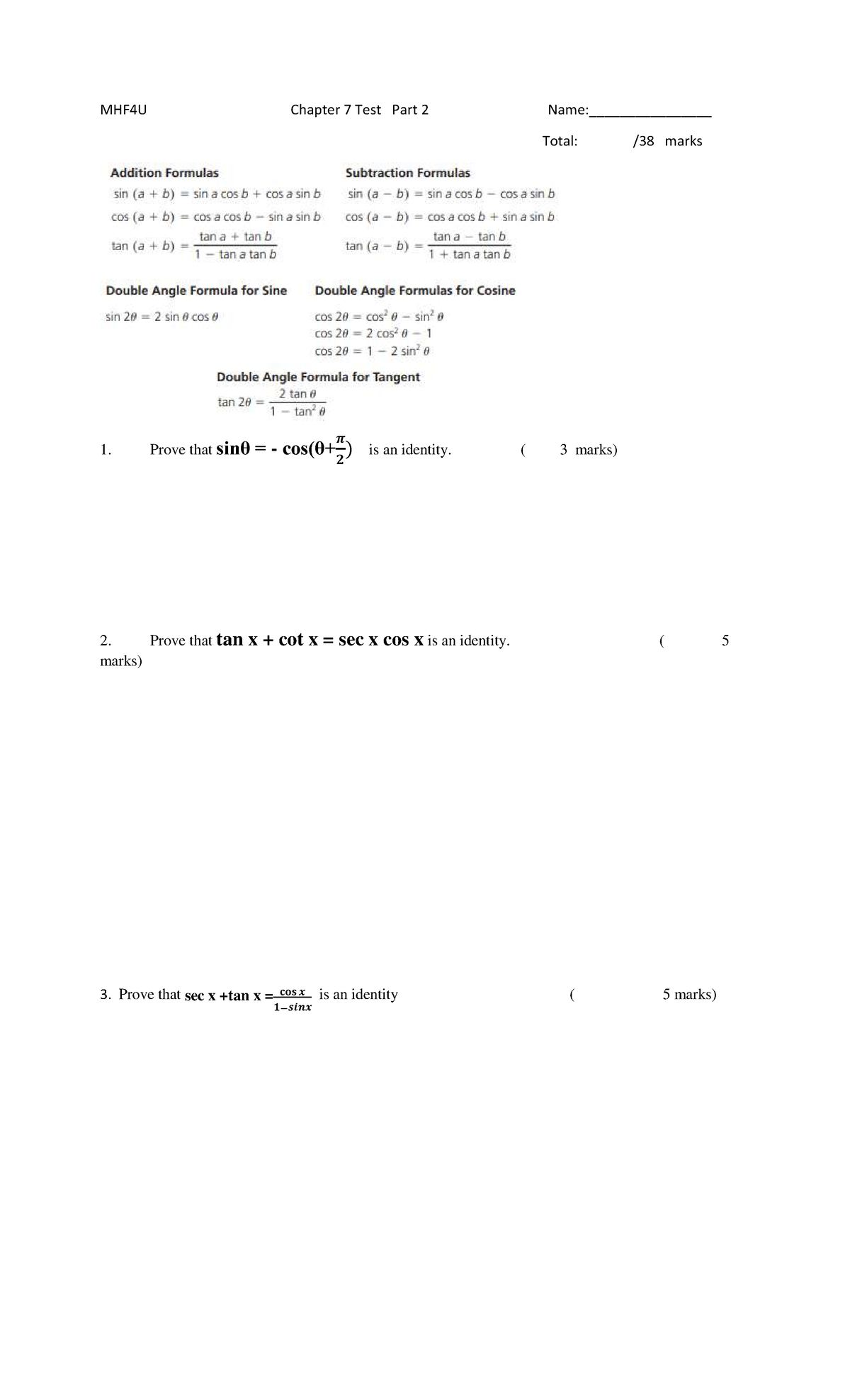 MHF4U Chapter 7 Test Part 2: Trigonometric Identities and Solutions ...