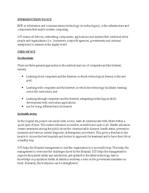 Introduction TO ICT - Lecture notes - INTRODUCTION TO ICT ICT or ...